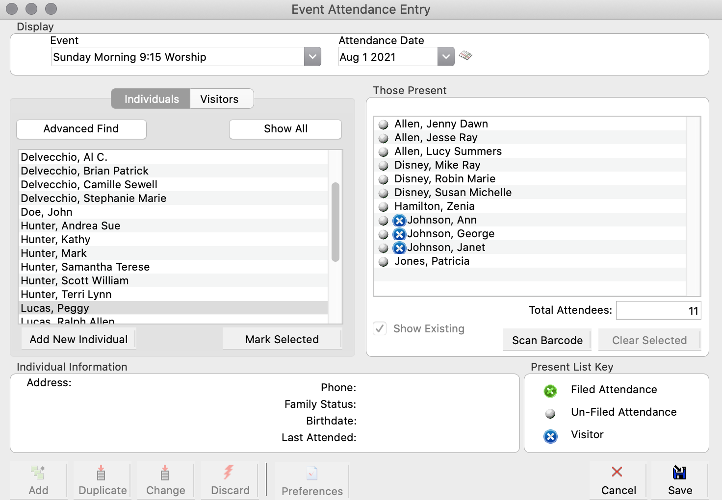 Entering Attendance for a Service or Event