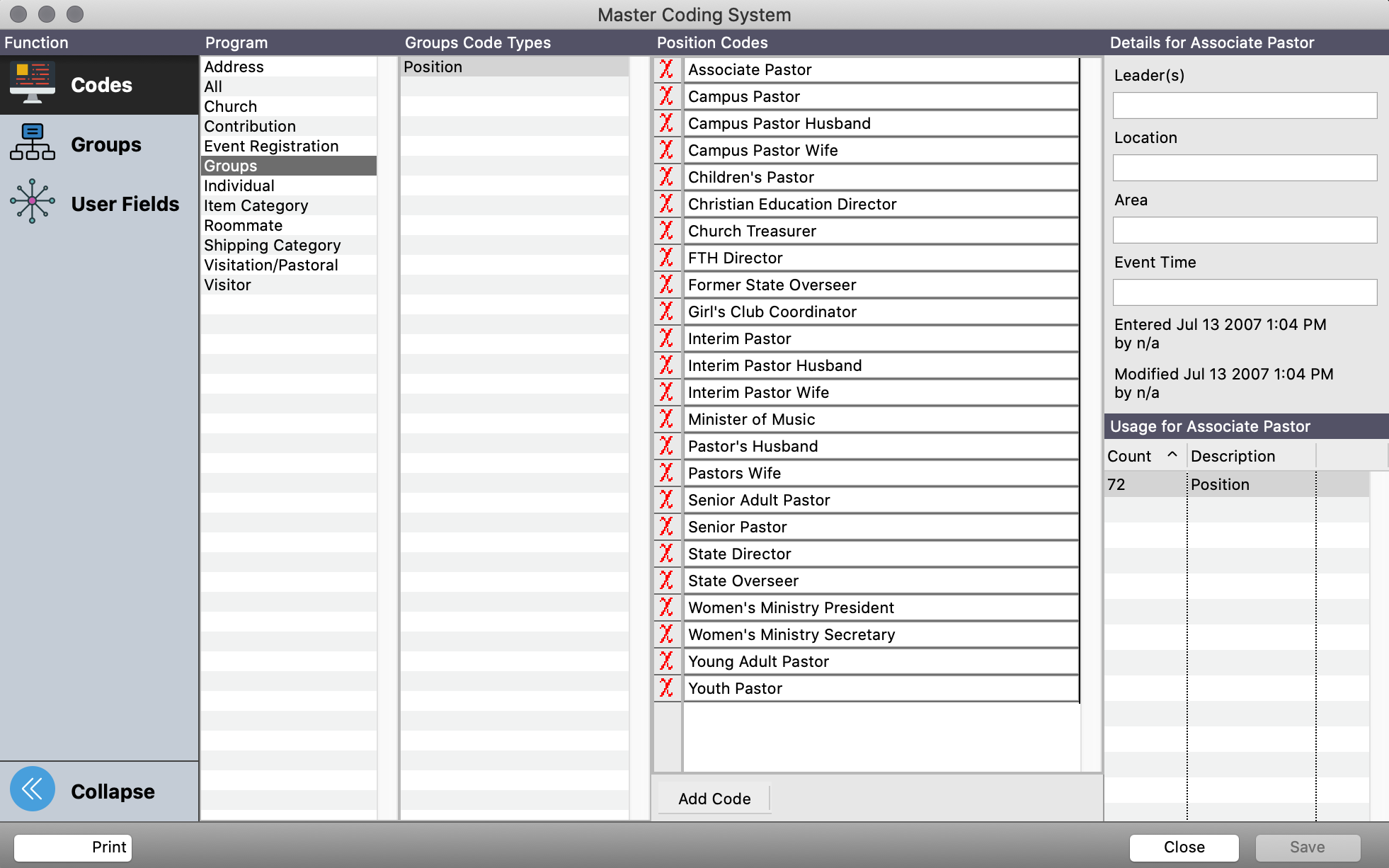 Position Codes in Master Coding System